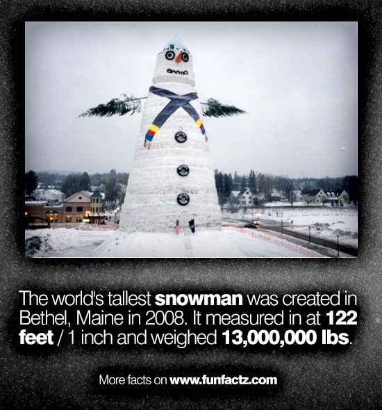 The world's tallest snowman was created in Bethel, Maine in 2008. It ... The world's tallest snowman was created in Bethel, Maine in 2008. It ...